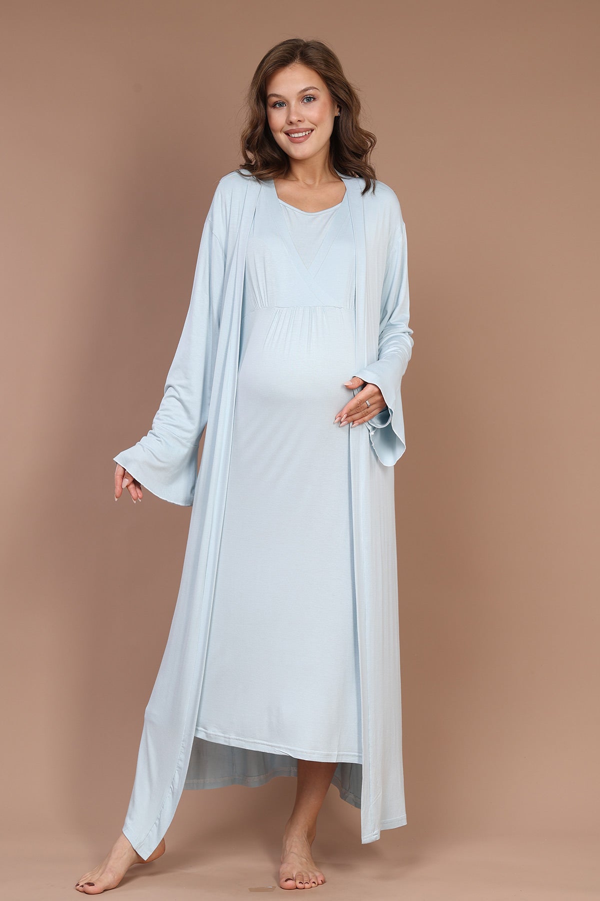 Breastfeeding Detailed Maternity-Nursing Nightgown & Robe Set Blue - 6